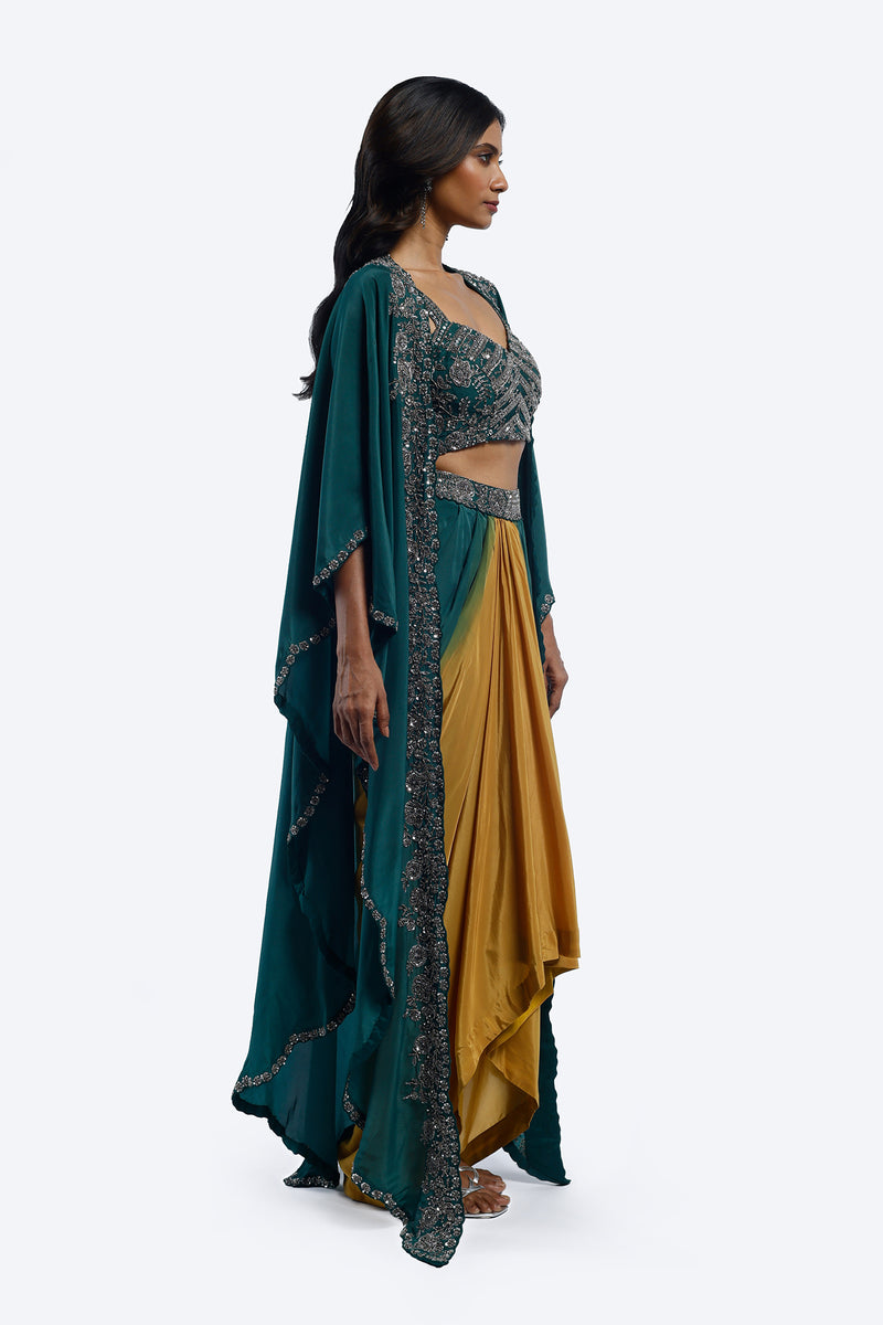 Shop Green And Yellow Embroidered Co-ord Set With Cape Online in USA ...
