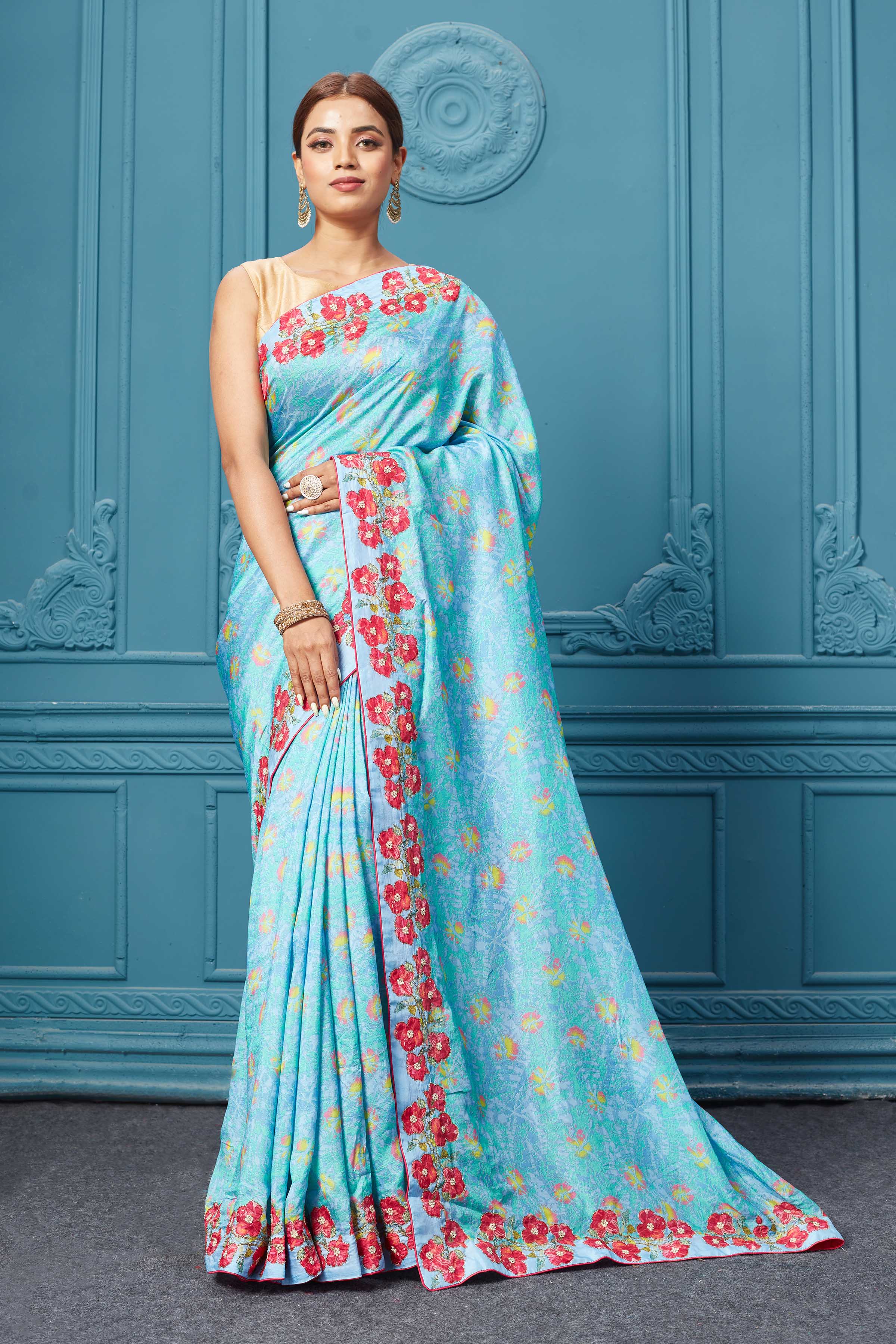 Buy Light Blue Saree With Floral Border Online in USA – Pure Elegance
