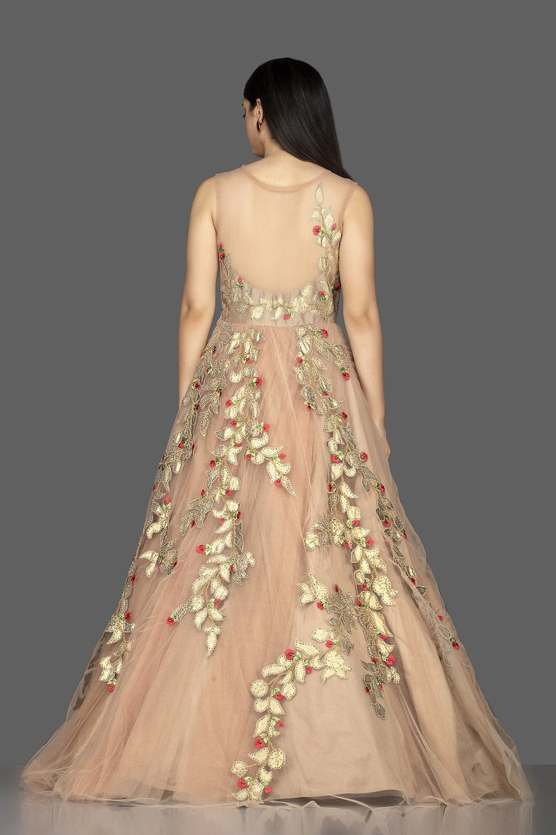 Shop Beige Designer Net Gown Online in USA with Golden Applique Work ...