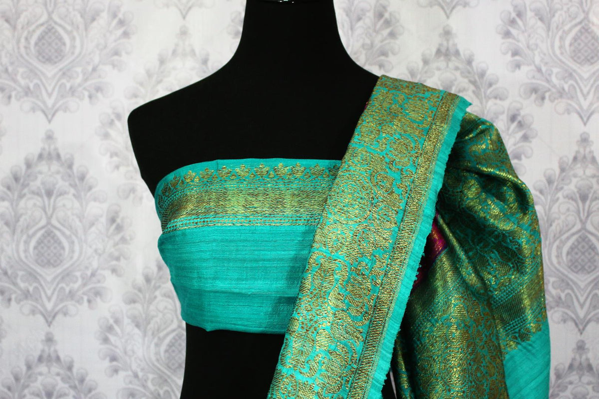 Buy Dark Pink Banarasi Tussar Sari Online in USA with Blue Border and ...