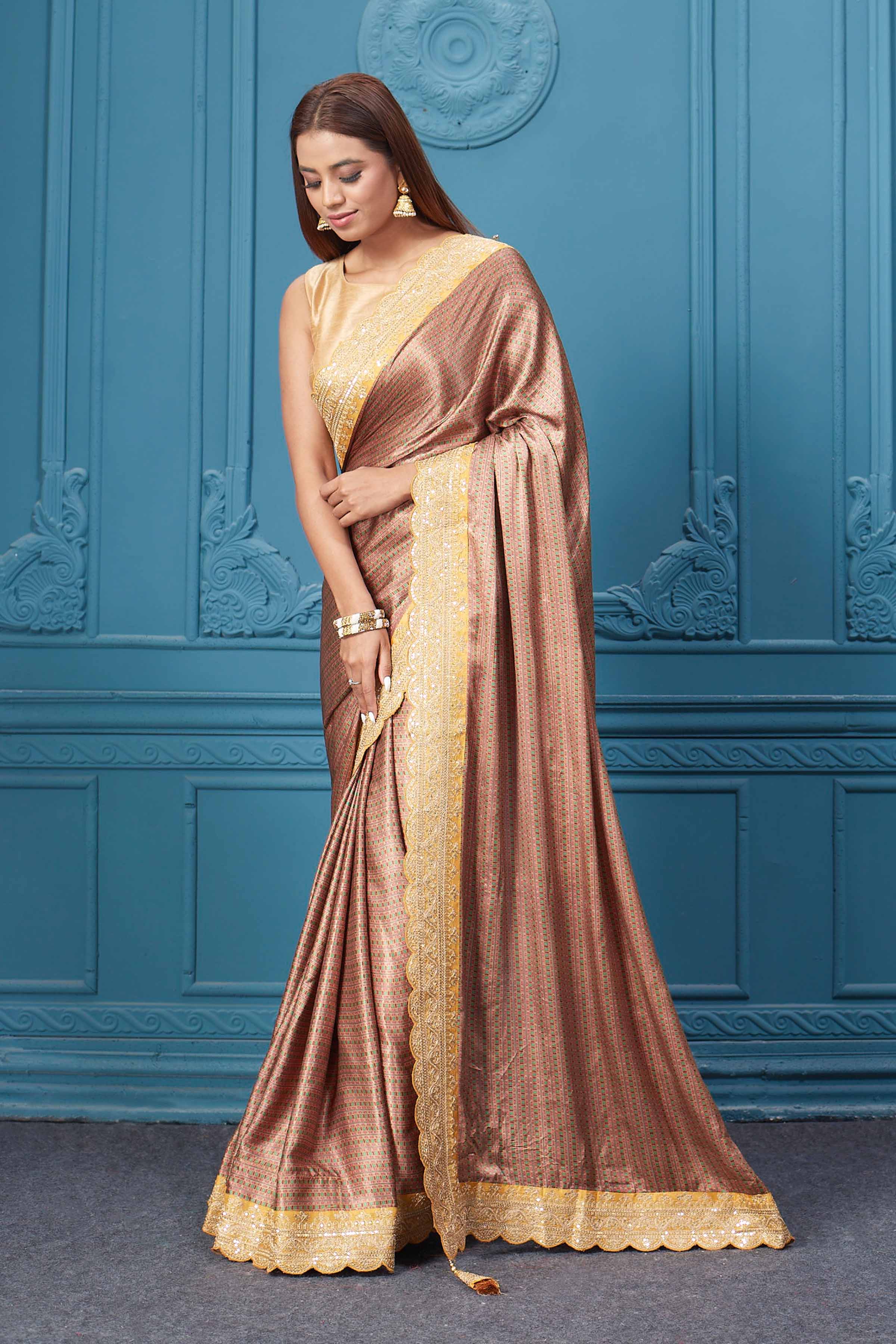 Buy Online Brown Printed Crepe Silk Sari with Yellow Scalloped Border ...